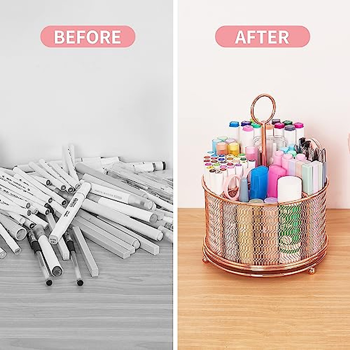 Spacrea Pen Holder for Desk - 360°Degree Rotating Pen Organizer, Desk Organizer with 4 Compartments, Pencil Holder for Desk, For School, Classroom, Office, Art Supplies(Rose Gold)