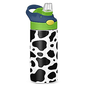 Kigai Cow Print Kids Water Bottle, BPA-Free Vacuum Insulated Stainless Steel Water Bottle with Straw Lid Double Walled Leakproof Flask for Girls Boys Toddlers, 12Oz