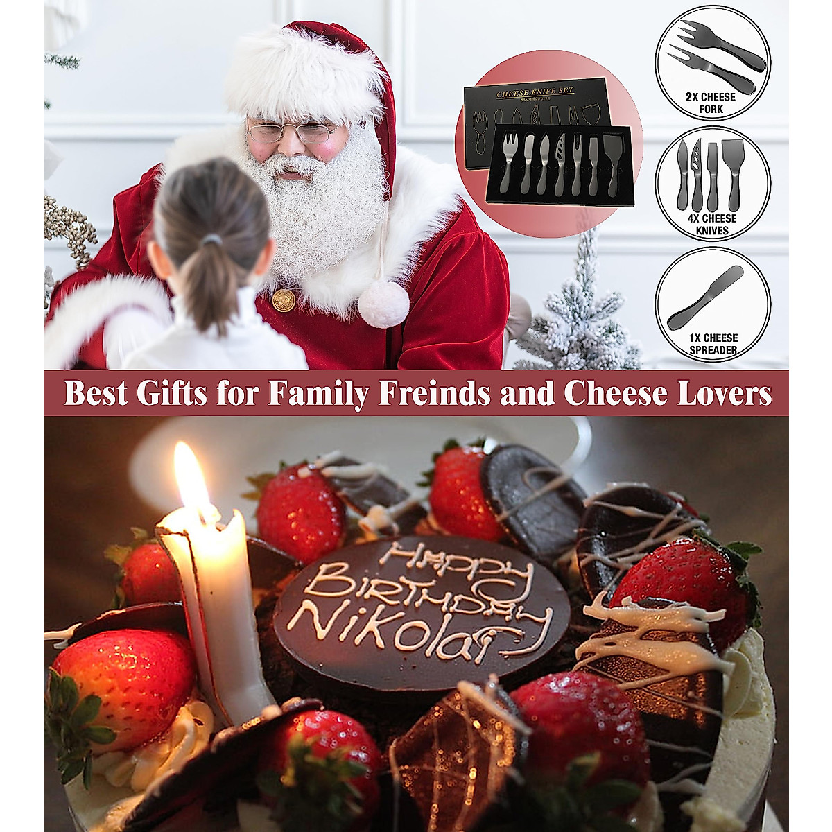 AARAINBOW Exquisite 7 Pieces Cheese Knives Set, Gift Ready Charcuterie Accessories Stainless Steel Cheese Knif Butter Knife & Fork Perfect Cheese Spreader Set, Gift for Birthday Christmas (Black)…