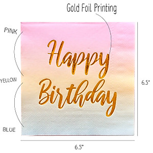 Happy Birthday Napkins - 50 Pack Pastel Metallic Birthday Disposable Paper Napkins with Gold Foil Printing on Pink Yellow Blue Ombre Gradient for Cocktail Party Supplies - 6.5" x 6.5" inches