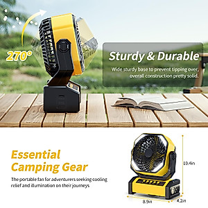 Camping Fan with LED Light, 20000mAh Rechargeable Battery, Outdoor Tent Fan with Light and Hook, USB Desk Fan, Orange, D13 (Yellow, D12)
