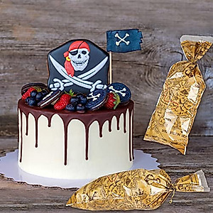 100 Pieces Pirate Party Cello Bags Pirate Treat Bags Goodie Treasure Map Island Treat Bags for Pirate Party Favors Supplies with Gold Twist Ties…