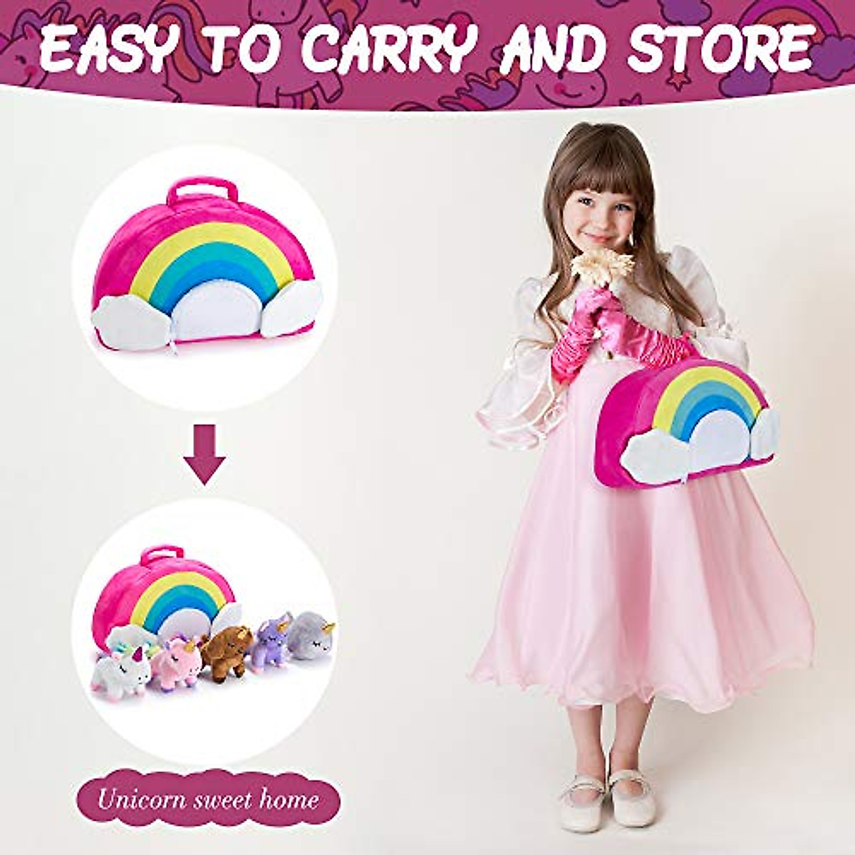 Stuffed Toy Unicorn Animal Set – Set of 5 Stuff Toys for Toddlers - with Rainbow Carry Bag - 2 Unicorns, Kitty, Puppy, and Narwhal – Toddler Gifts for Girls Age 3, 4, 5, 6, 7, 8 Year Old