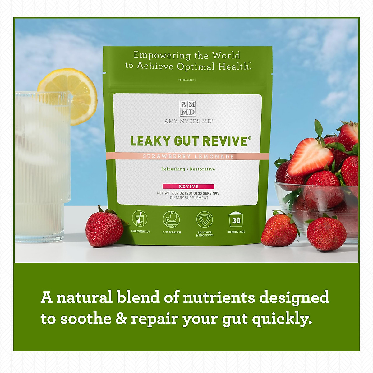 Amy Myers MD Leaky Gut Revive Powder for Gut Repair -L Glutamine, Slippery Elm -Supports Constipation, Diarrhea, Bloating, Heartburn, SIBO -Licorice & Marshmallow Root -Strawberry Lemonade- 7.09 Oz