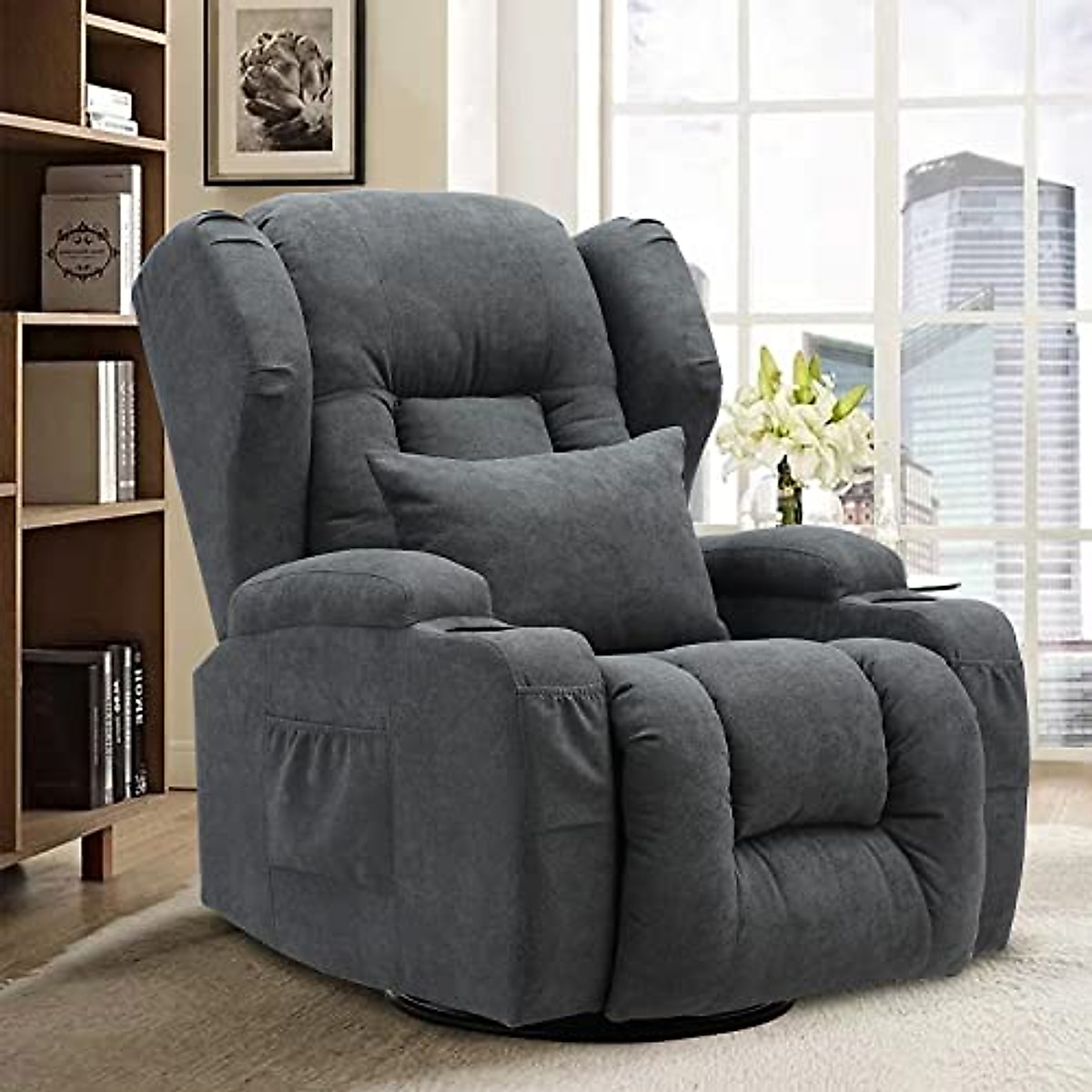 SAMERY Swivel Rocker Recliner Chairs, Manual Recliner Chair 360 Degree Swivel Nursery Rocking Chair Glider with Lumbar Pillow, Cup Holders, Side Pockets, Home Theater Seating, Fabric