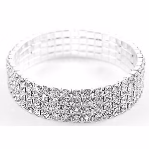 BSI Wedding Bridal 4-row Rhinestone Elecstic Bracelet Silver Plated Paw, Clear Crystal Rhinestones ~ Classic ~