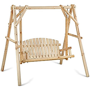 Outdoor Wooden Porch Swing 67 Inch Log Swing with Stand, A-Frame Yard Swing Set Patio Furniture Modern 2 Person Swing Sturdy Garden Bench Swing Rustic Curved Back Swing Chair for Adults