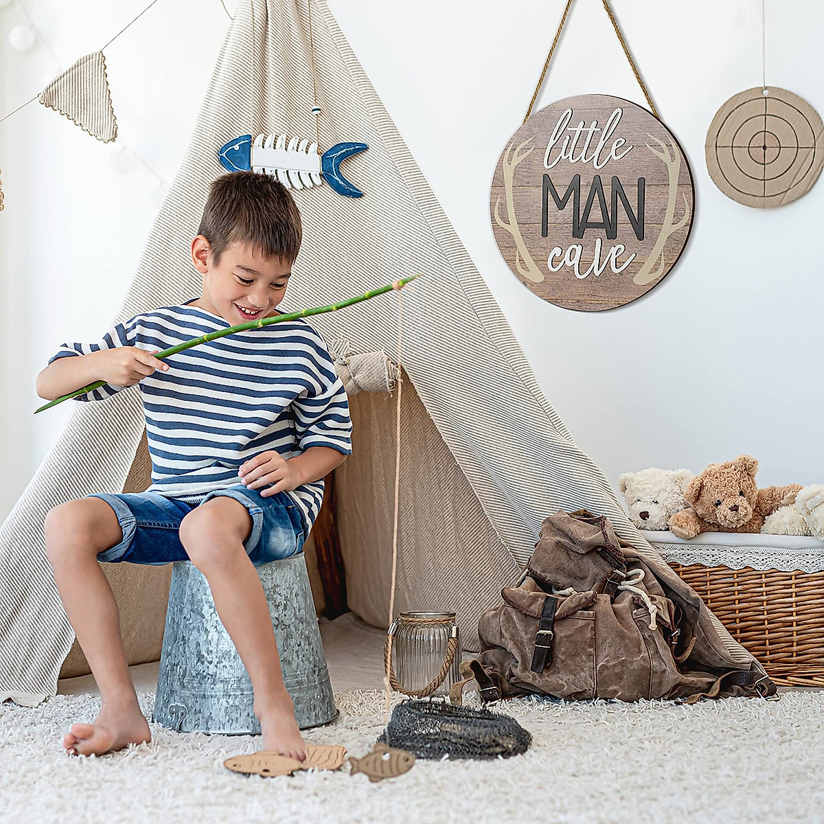 Blulu Little Man Cave Sign 12 x 12 Inch Little Man Cave Decoration for Nursery Wooden Wall Room Wall Decor Rustic Round Wood Sign Decor