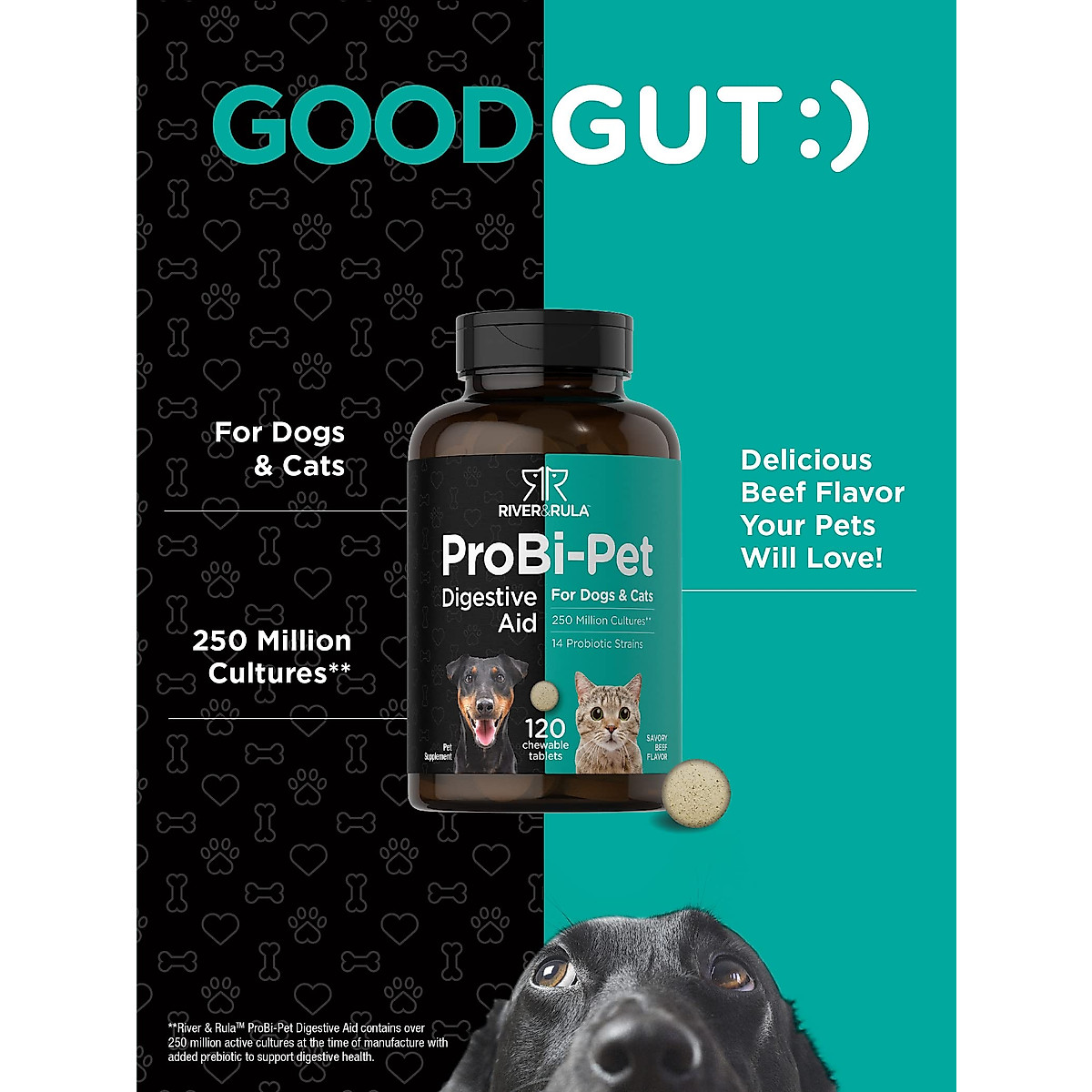 Horbäach Probiotics for Dogs & Cats | 120 Chewable Tablets | Digestive Aid | with 14 Probiotic Strains | Savory Beef Flavored Pet Supplement | by River & RULA