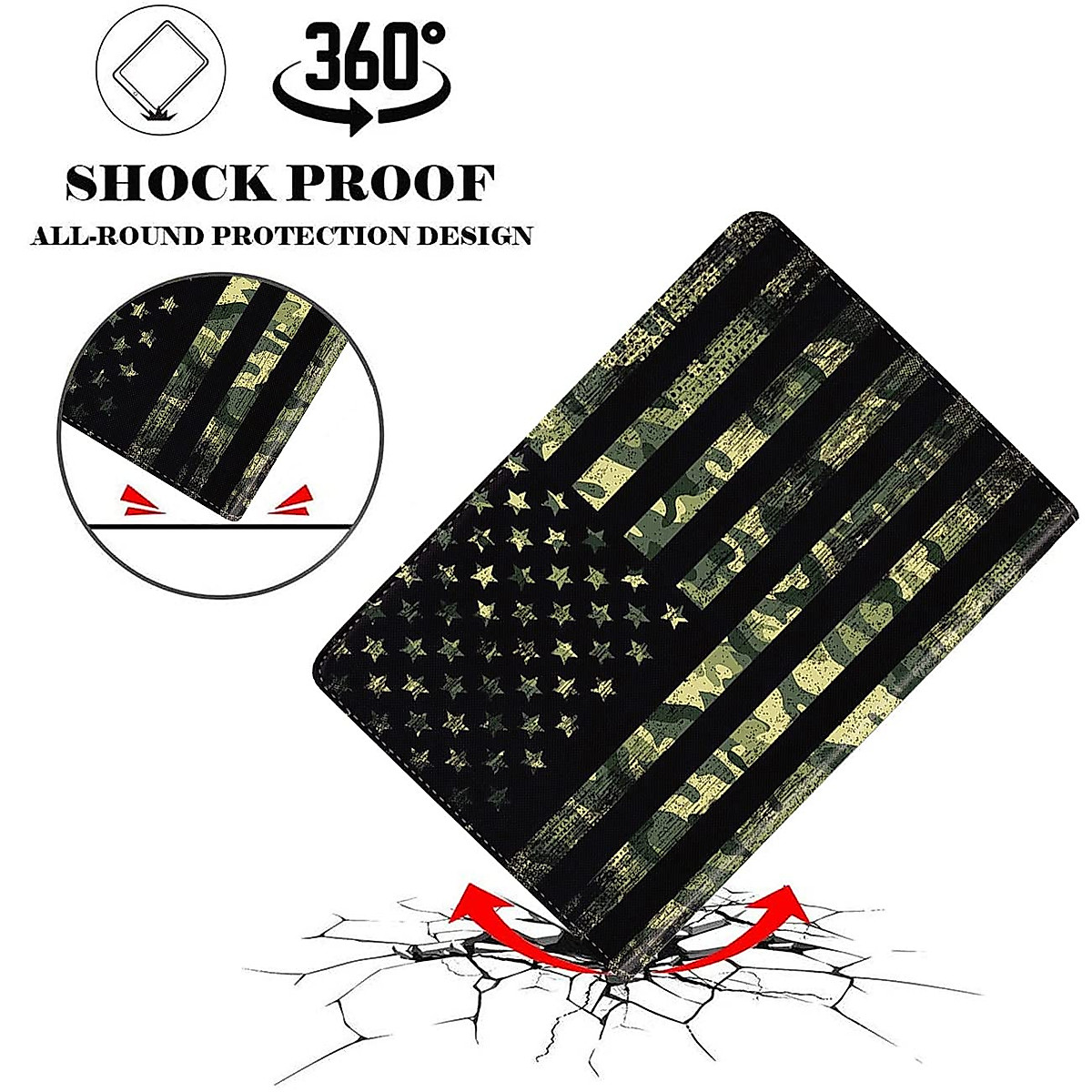 Case for iPad 10.2 8th Gen 2020 / 7th Gen 2019 / iPad Air 10.5" 2019 / iPad Pro 10.5, Durable Shockproof Protective Cover for iPad 8th / 7th with Coasters Set Camouflage American Flag Camo