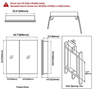 Fundin Stainless Steel Medicine Cabinet, Bathroom Mirror Cabinet, Surface Mount and Recess Mount, 23.6 x 25.6 inch, with Unique Half-Shelves for Greater Storage adjustability
