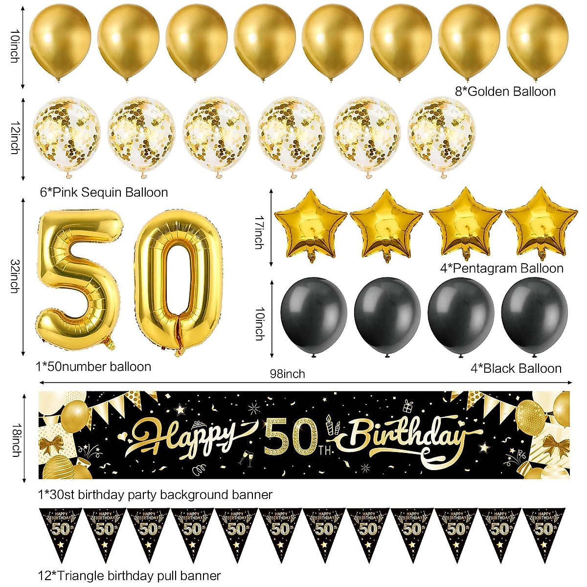 Large 9.8X1.6ft Happy 50th Birthday Decoration Banner, Black and Gold Happy Birthday Party Decoration Set Anniversary Celebration Backdrop 50th Birthday Foil Latex Balloons for Men and Women