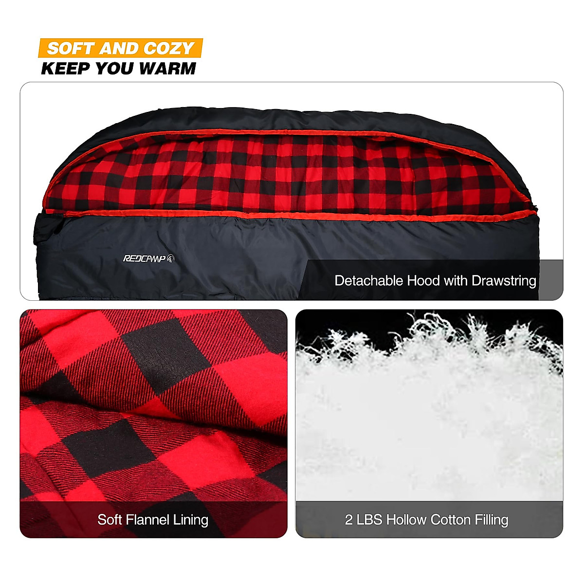 REDCAMP Large Cotton Double Sleeping Bag for Adults, 2 Person Cold Weather Warm Queen Size Flannel Sleeping Bags for Camping, Black
