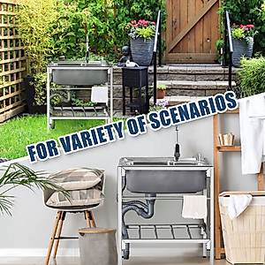 Outdoor Sink Single Bowl, Freestanding Stainless Steel Utility Sink With Hose Hook Up, Commercial Kitchen Sink with Hot and Cold Faucet For Restaurant, Bar, Laundry, Garage, Backyard