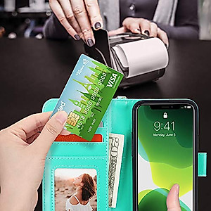 ULAK Compatible with iPhone 12 Mini Wallet Case with Card Holders for Women, Designed PU Leather Flip Wallet with Kickstand Card Slot, Protective Phone Cover for iPhone 12 Mini, 5.4inch, Mint Flower