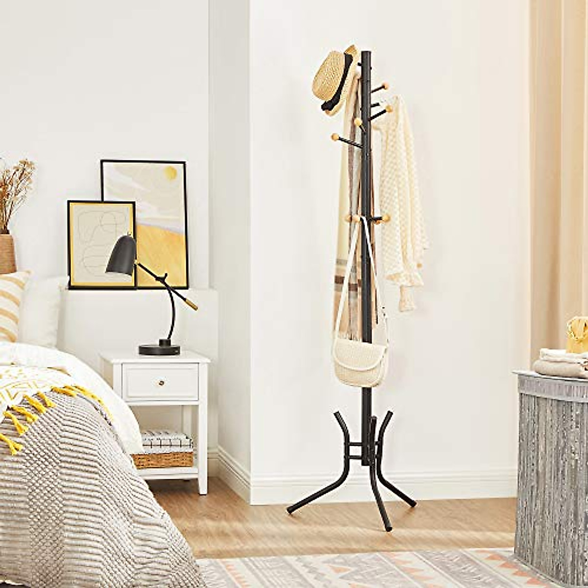 SONGMICS Coat Rack, Freestanding Metal Coat Tree, 11 Hooks with Ball Ends, for Entryway, Bedroom, Living Room, Black URCR028B01