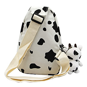 Unisex Canvas Daypack, Cartoon Printed Cows Chest Bag, Small Sling Bag with Hanging Pendant for Women Lady, White