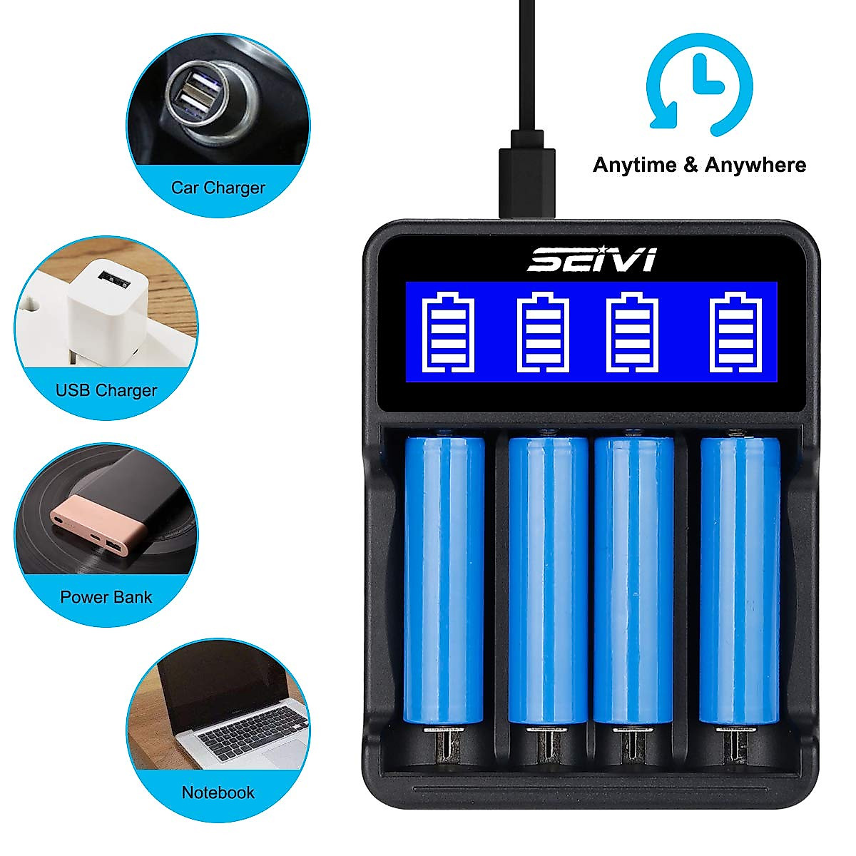 18650 Battery Charger, SEIVI LCD Display Universal Smart Charger for Rechargeable Batteries Li-ion Batteries 18650 26650 18490 17670 17500 16340 14500, Ni-MH/Ni-Cd A AA AAA Batteries