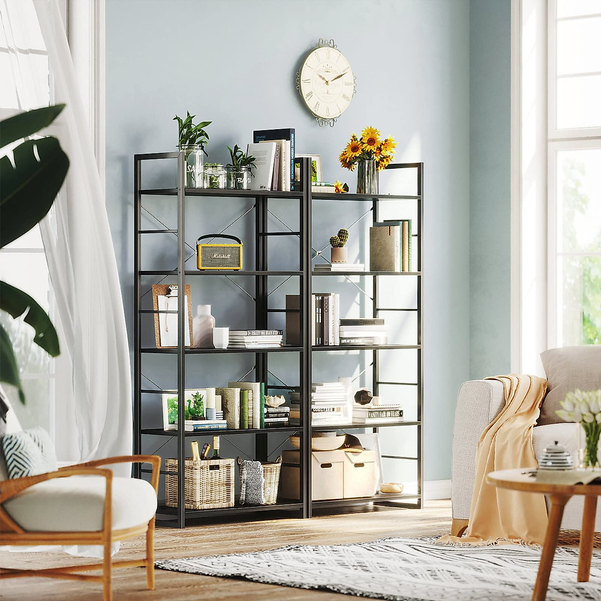 ODK 5 Tier Bookshelf, Industrial Open Bookcase Storage Organizer, Modern Tall Book Shelf for Bedroom, Living Room and Home Office, Black