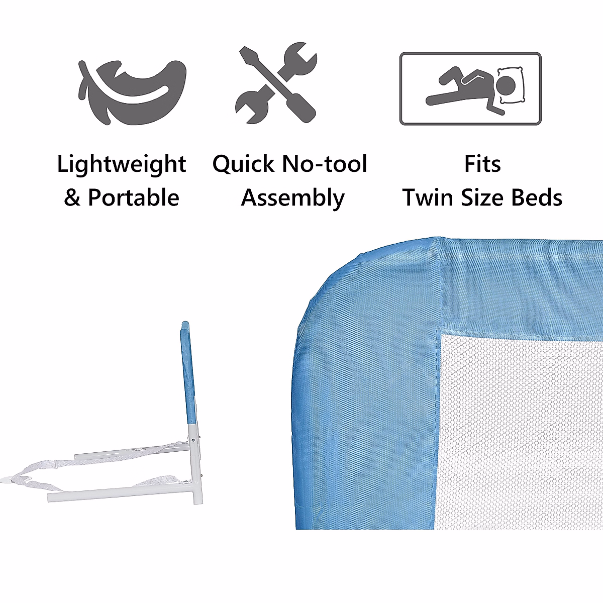 Adjustable Mesh Bed Rail in Blue, Two Height Levels, Breathable and Durable Fabric, Lightweight and Portable Bed Rail for Toddlers, Double Pack