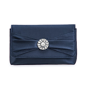 CHARMING TAILOR Evening Bag for Women Pleated Flap Satin Formal Purse Diamantes Brooch Embellished Clutch (Navy)