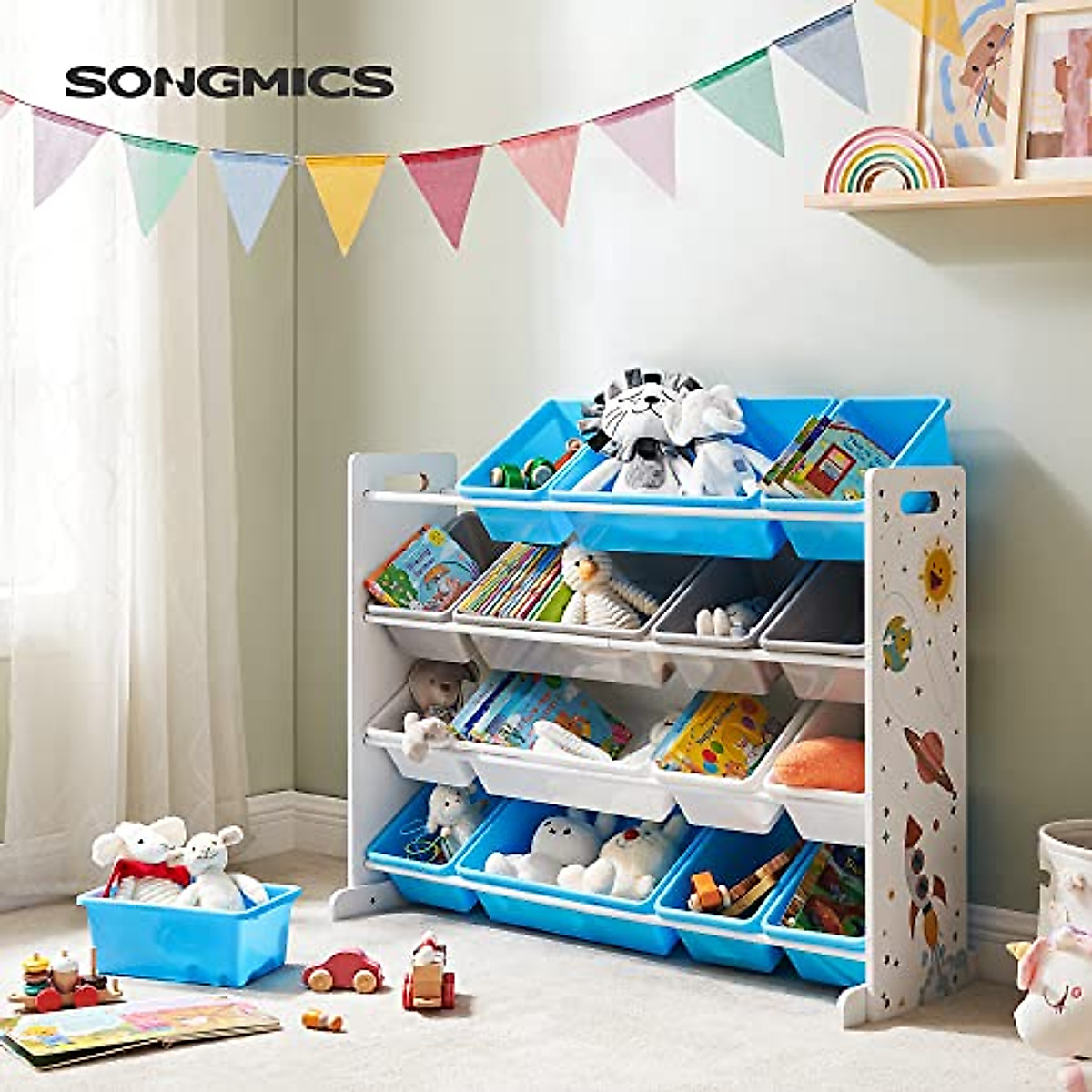 SONGMICS Kid's Large Toy Storage Unit with 16 Removable Bins, for Playroom, Children’s Room, 41.7", Space Theme