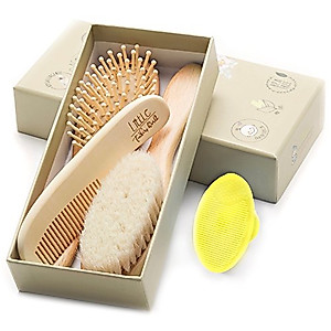 Wooden Baby Hair Brush and Comb Set (4-Piece) for Newborns and Toddlers | Ideal for Baby Cradle Cap | Wood Bristles Baby Brush | Baby Massage and Scalp Brush | Perfect for Baby Registry Gift Set