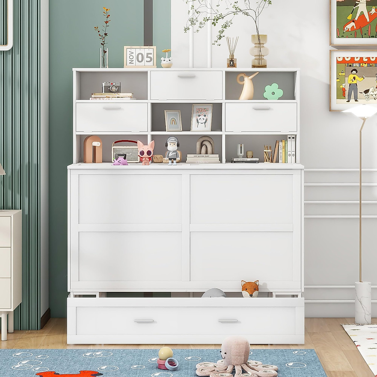 P PURLOVE Queen Murphy Bed Cabinet with Bookcase, Bedside Shelves and a Big Drawer,Solid Wood Level Folding Multipurpose Murphy Bed for Apartment/Living Room