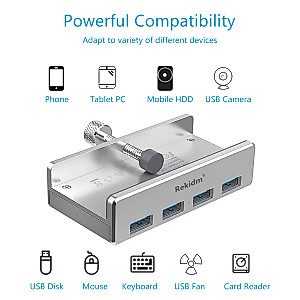 Powered USB Hub 3.0 – Rekidm USB Hub with Extra Power Supply Port, Aluminum Clamp for Desktop, Computer, PC, Table Edge with Durable Adjustable Clip, Compact Space-Saving Mountable USB Hub (Silver)