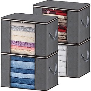 AIOR 4 Pack Clothes Storage Bags, Foldable Fabric Blanket Storage Bag, Storage Containers for Organizing, Clothing, Comforter, Sweater, Bedding, Bedroom, Pillows and Organization and Storage (Gray)
