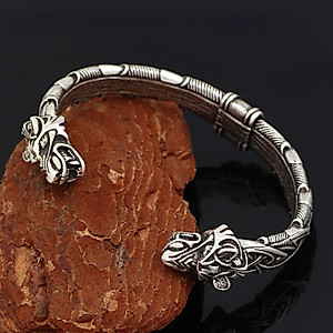 Norse Tradesman Viking Wolf Cuff Bracelet with Celtic Knot - Men & Women Unisex - One-Size-Fits-All - Semi-Adjustable Bangle