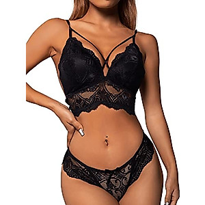 SweatyRocks Women's Floral Lace Crisscross Bralette Spaghetti Strap Padded Bra Top Black L