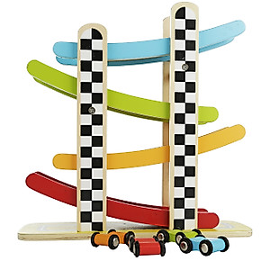 Colorful Wood Race Track Ramp with 4 Wooden Race Cars - Solid Wood Educational Baby Toy for Toddler Boys and Girls Age 18-24 Months, 2 Years and Up - Classic Early Development Vehicle Playset Toy
