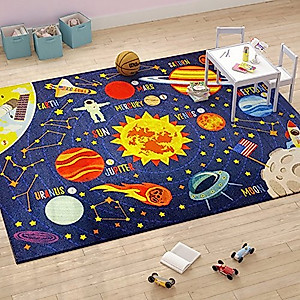 KC Cubs Outer Space Solar System Road Play Educational Learning & Fun Game Boy & Girl Kids Rug Carpet for Children Bedroom, Toddler Classroom and Baby Playroom Floor Mat, Playtime Adventure Activity