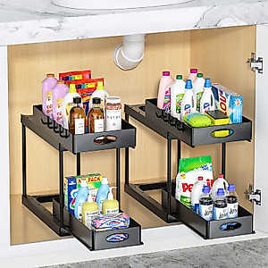 Aojia Double Sliding Cabinet Organizer, Under Sink Organizers and Storage, Pull Out Under Sink Organizer, Under Cabinet Organizer Baskets with 2 Drawers, Under Sink Storage for Bathroom, Kitchen