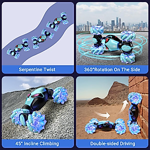 Powerextra Remote Control Car, 4WD 2.4GHz RC Stunt Car, Watch Gesture Sensor Car, Double Sided Rotating Off Road Vehicle 360° Flips with 2 Batteries, Deformable Electric Car Kids Toy Cars - Green