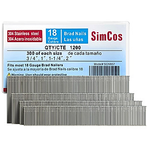 SimCos 18 Gauge 304 Stainless Steel Brad Nails (2",1-1/4" 1", 3/4"), Assorted 1200 Counts for 18 GA Pneumatic or Electric Brad Nailer or Brad Nail gun,Project Pack