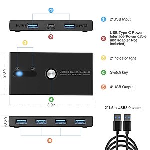 USB 3.0 KVM Switch Selector 2 Computers Sharing 4 USB Devices 4 Port USB Peripheral Switcher Box 2 in 4 Out with One-Button Swapping 2 Pack USB 3.0 Cable for Mouse, Keyboard, Scanner,Printer,Computer