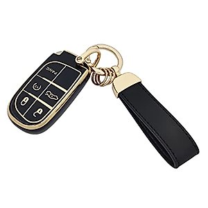 vurbemes TPU Key Fob Cover Case with Keychain fit for Grand Cherokee Renegade Chrysler 200 300 Dodge RAM Durango Challenger Journey Dart Fiat Smart Keyless Entry Key Fob (Black)