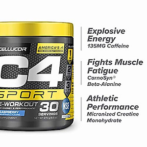 C4 Sport Pre Workout Powder Blue Raspberry - Pre Workout Energy with 3g Creatine Monohydrate + 135mg Caffeine and Beta-Alanine Performance Blend - NSF Certified for Sport | 30 Servings