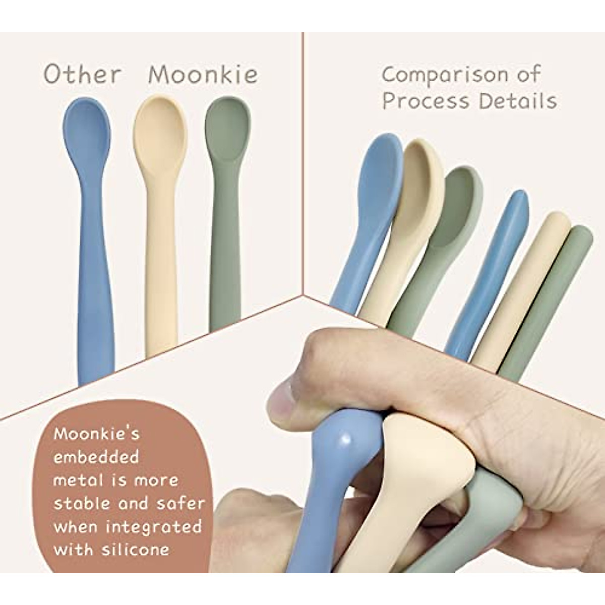 Moonkie Silicone Baby Spoons Set of 4, Soft-Tip Spoons for First Stage Infant Feeding, Bendable, Chewproof Baby Training Spoon Baby Utensils, Ideal for Self-Feeding and Baby Led Weaning