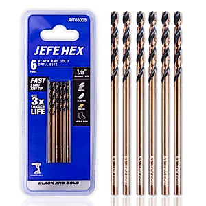 JEFE HEX 1/8" HSS Twist Drill Bit for Steel/Copper/Aluminum/Zinc Alloy/Wood/Plastics, General Purpose HSS Drill bit, 135 Degree Split Point, Ideal for DIY Projects and Home Maintenance. (6-Piece)