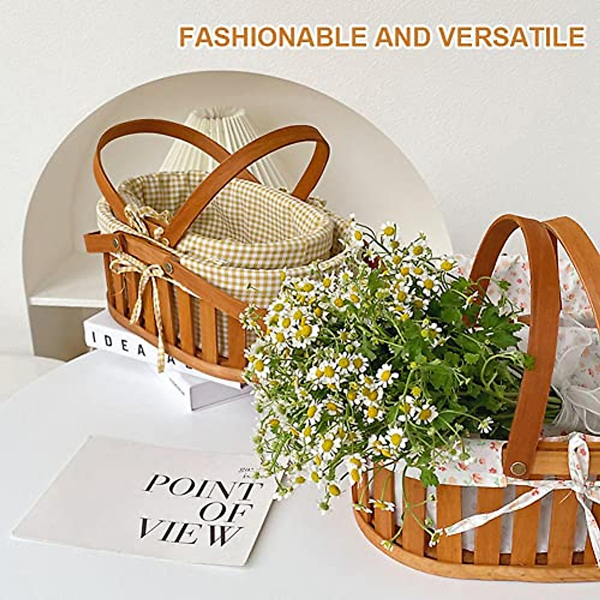 FEMUN A Set of Wooden Basket, Woven Baskets for Storage, Handheld Picnic Basket, Storage Basket, Wooden Strips Woven Double Carry Handle Flower Basket, Suitable for picnics, Camping (a Set of 2)