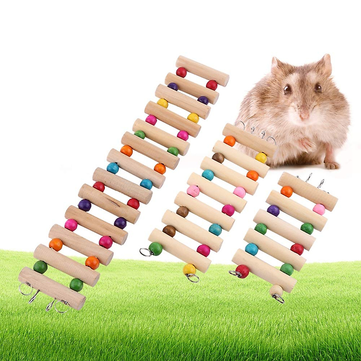 Pet Colorful Ladder Bridge Steps Climbing Wooden Swing for Mouse Rat Hamster Parrot Cage Play Toy(L（6 30cm）)
