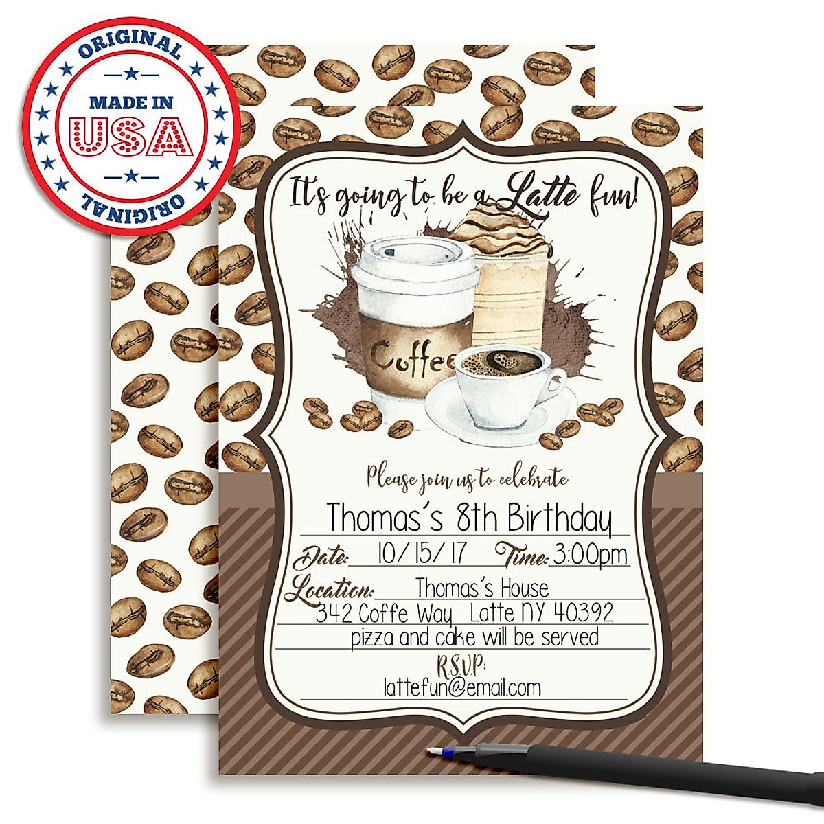 Watercolor Coffee Latte Fun Birthday Party Invitations, 20 5x7 Fill In Cards with Twenty White Envelopes by AmandaCreation