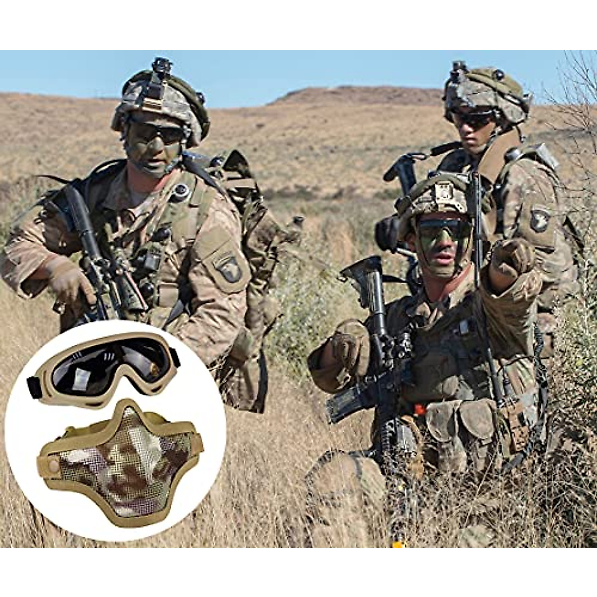 AOUTACC Airsoft Half Face Mask Steel Mesh and Goggles Set, Skull Tactical Masks Protection Gear for Paintball BBS CS Nerf Game Cosplay Halloween Costume Accessories (Tan Camo)