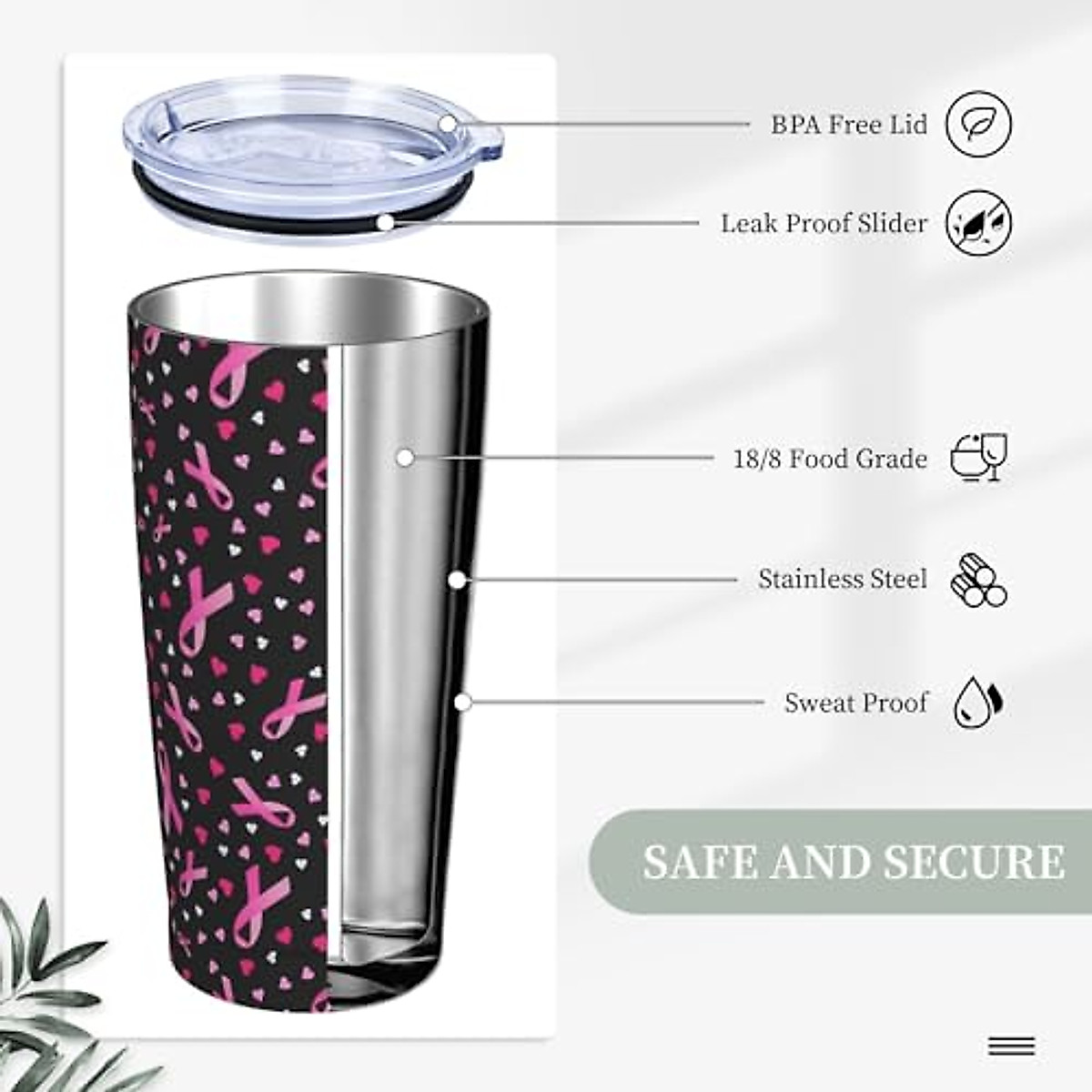 IYERSKD Ribbon Breast Cancer Awareness 20 oz Stainless Steel Tumbler Vacuum Insulated Leakproof Travel Mug for Car Office Gym