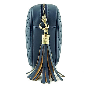 Simple Shoulder Crossbody Bag With Metal Chain Strap And Tassel Top Zipper (Dusty Navy)