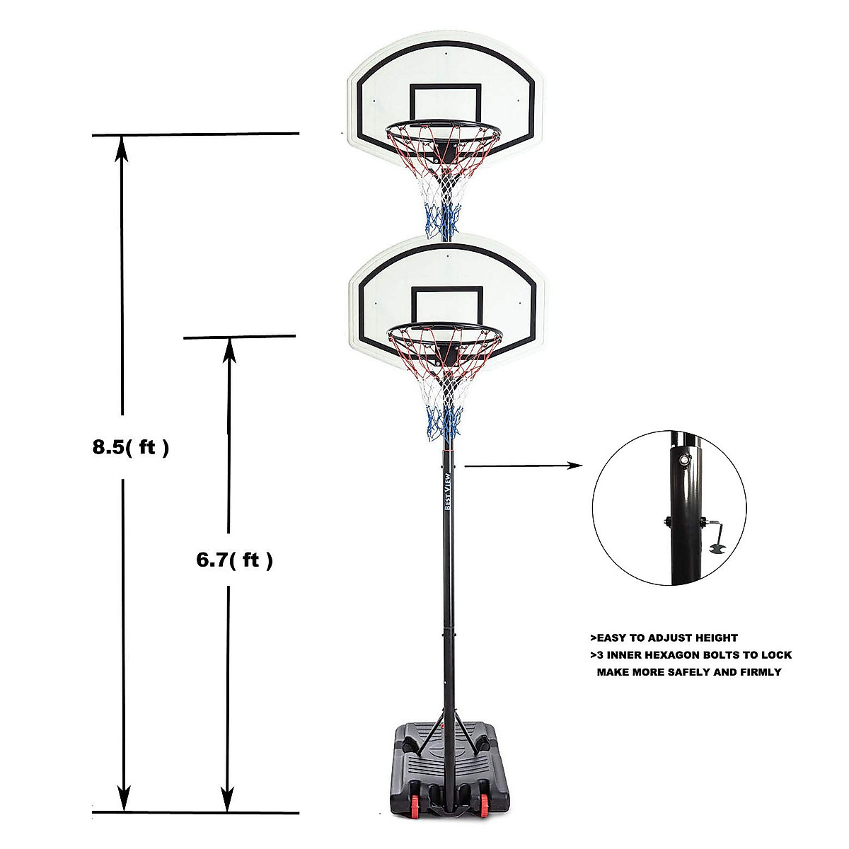 Best View Heavy Duty Indoor & Outdoor Portable Big Size Basketball Hoop & Goal Stand Back Boar for Kids & Adult, Height Adjustable