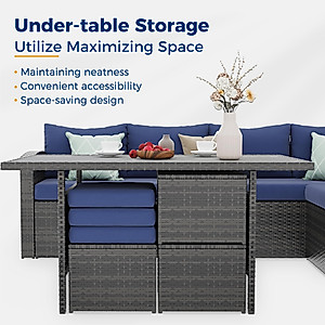 Wisteria Lane Outdoor Patio Furniture Set, 7 Piece Outdoor Dining Sectional Sofa with Dining Table and Chair, All Weather Wicker Conversation Set with Ottoman,Blue